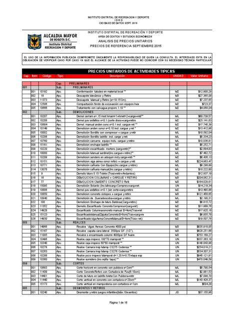Idrd Precios Unitarios Pdf Materiales De Construcción El Hombre