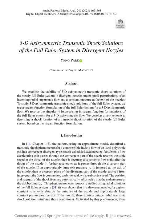 Pdf 3 D Axisymmetric Transonic Shock Solutions Of The Full Euler