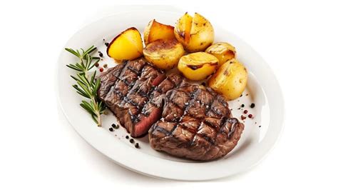 Air G N Reux Steak De Boeuf Grill Et Pommes De Terre Sur Plaque Sur Fond Blanc En Arri Re Plan