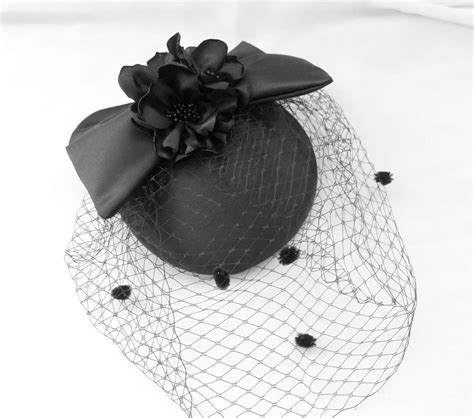 Elegant Black Fascinator Hat With Veil Vintage Netting Satin Bow