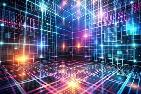 futuristic digital grid room glowing lines data network server room