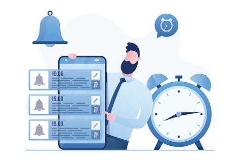 사업가는 스마트 폰에 알림과 알람 시계를 설정합니다 알람 시계 및 벨 휴대 전화 화면의 시간 관리 응용 프로그램 직장인 클로즈업