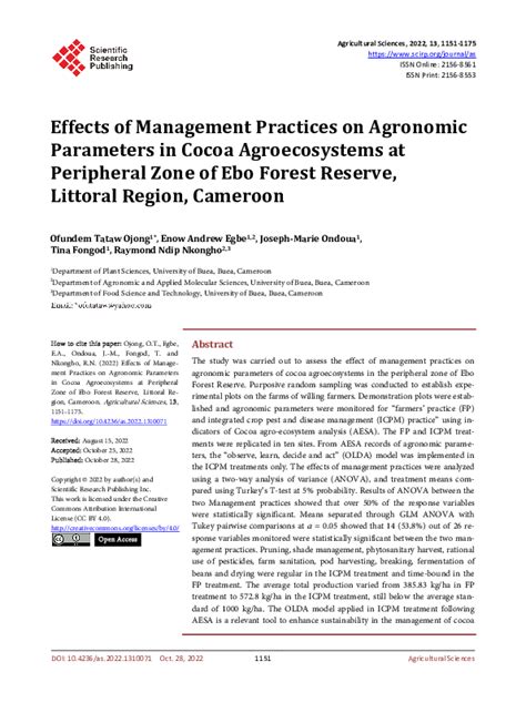 Pdf Effects Of Management Practices On Agronomic Parameters In Cocoa