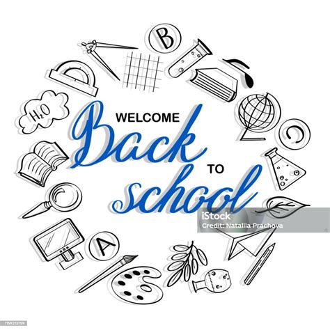 교육의 라인 아트 아이콘 흰색 배경에 과학 개체에서 질감으로 학교로 돌아 오신 것을 환영합니다 로고 Welcome Back Phrase에 대한 스톡 벡터 아트 및 기타