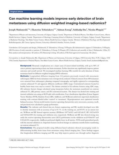 Pdf Can Machine Learning Models Improve Early Detection Of Brain Metastases Using Diffusion
