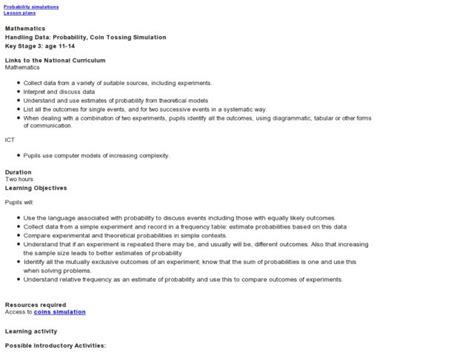 Handling Data Coin Tossing Simulation Lesson Plan For 6th 8th Grade