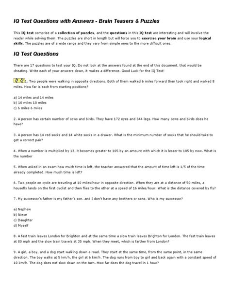 Iq Test Questions With Answers Speed Test Assessment