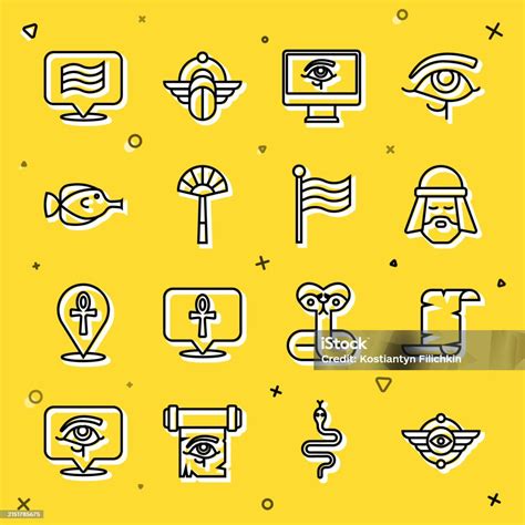 세트 라인 이집트 상징 날개 달린 태양 파피루스 두루마리 남자 모니터 팬 나비 물고기 국기 및 아이콘에 호루스의 눈 벡터 0명에 대한 스톡 벡터 아트 및 기타 이미지