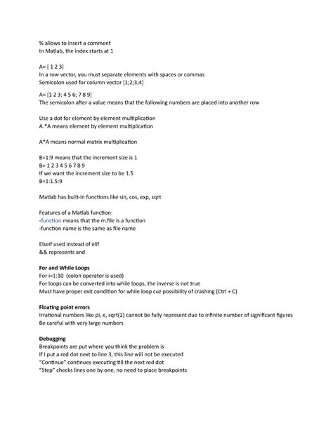 Notes Matlab Summary Of The Professors Coursepack Allows To Insert