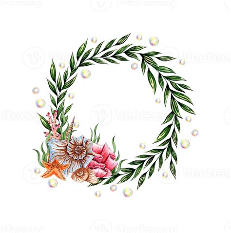 Aquarell Illustration Runden Rahmen Von Das Unter Wasser Welt Mit Algen