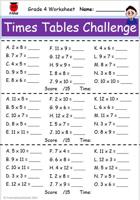 Grade 4 Times Tables Challenges Free Worksheets