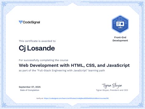 Course Certificate For Web Development With Html Css And Javascript
