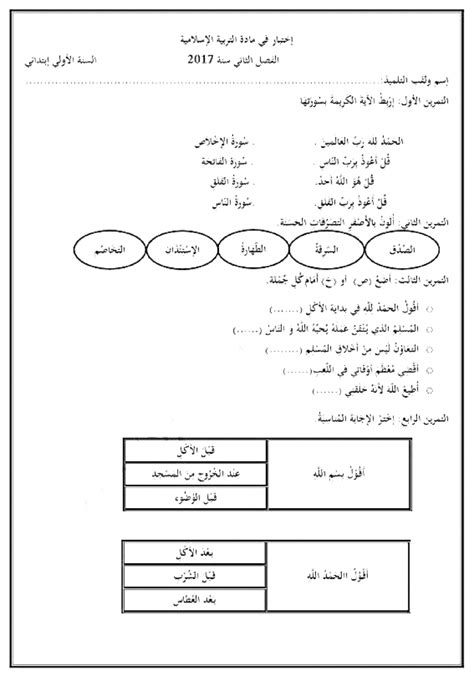 فروض و اختبارات السنة الأولى ابتدائي مادة التربية الإسلامية الفصل
