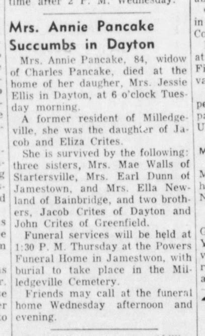 Annie Crites Pancake Obit