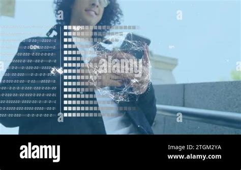 Animation Of Data Processing And Connections Over Hands Of Biracial Man Using Smartphone Global