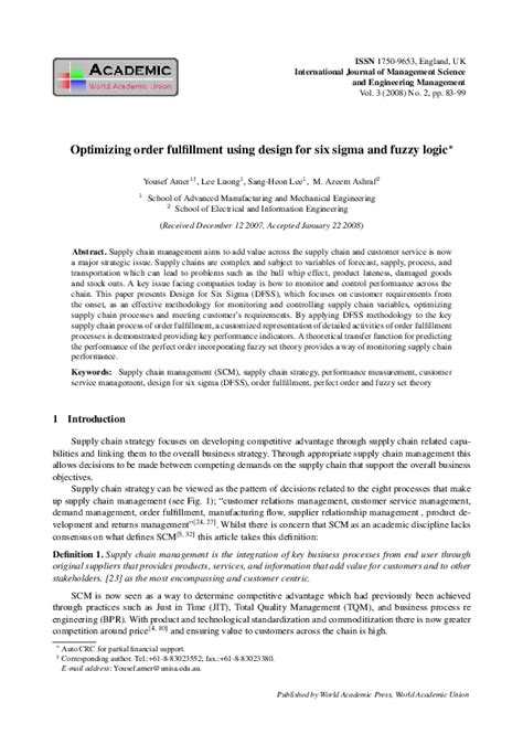 Pdf Optimizing Order Fulfillment Using Design For Six Sigma And Fuzzy Logic