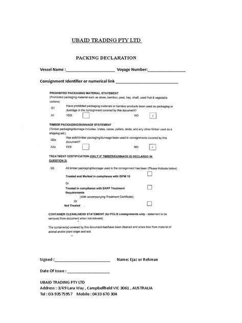Packing Declaration Pdf
