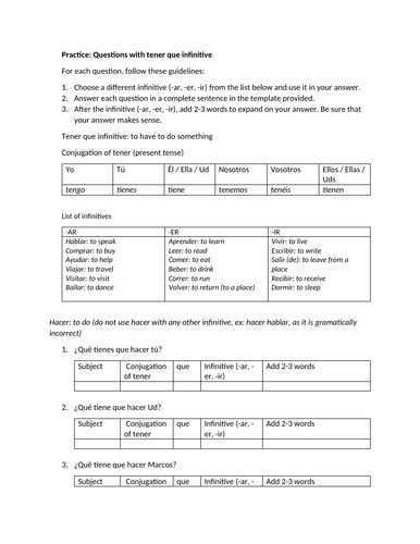Practice Tener Que Infinitive Personal Questions Teaching Resources