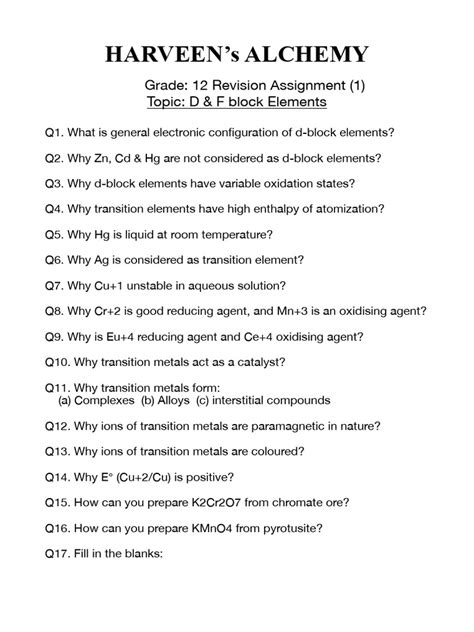 D And F Block Elements Assignment 1 Pdf D And F Block Elements Assignment 1 Pdf