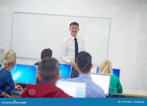 Students With Teacher In Computer Lab Classrom Stock Image Image Of