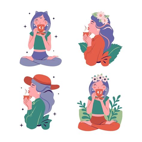 Premium Vector Set Of Cartoon Girls Drinking Tea The Cute Character