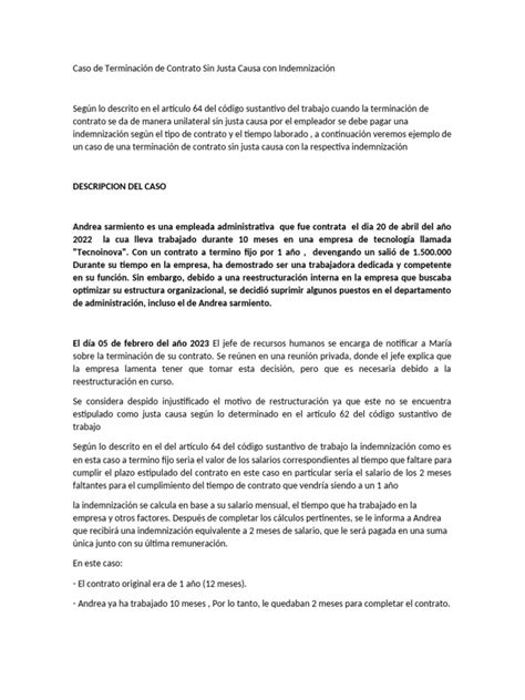 Caso De Terminación De Contrato Sin Justa Causa Con Indemnización Pdf