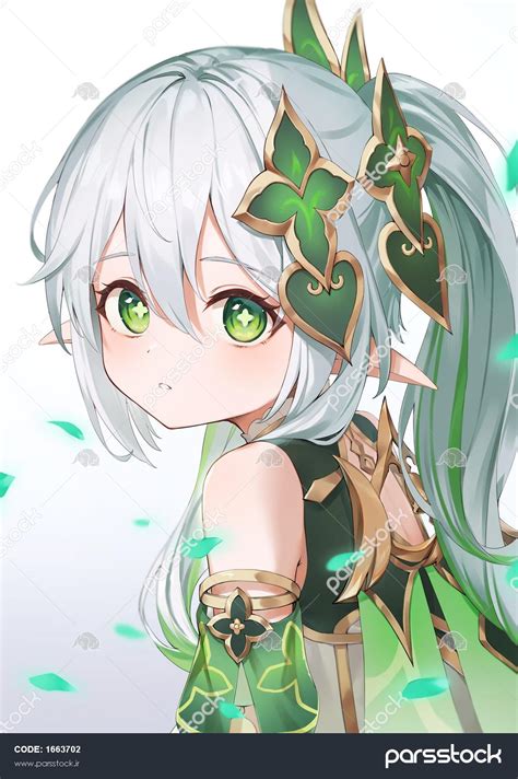 نقاشی انیمه دختر الف زیبا با موها چشمها و لباس سبز 1663702