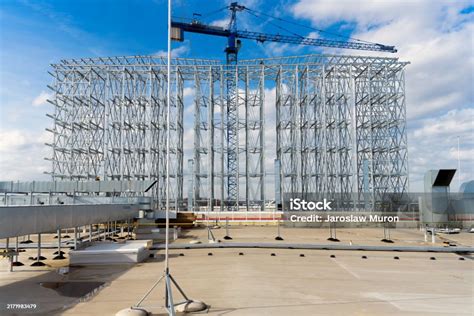 Asrs Clad Rack Structural Framework And Tower Crane During Installation