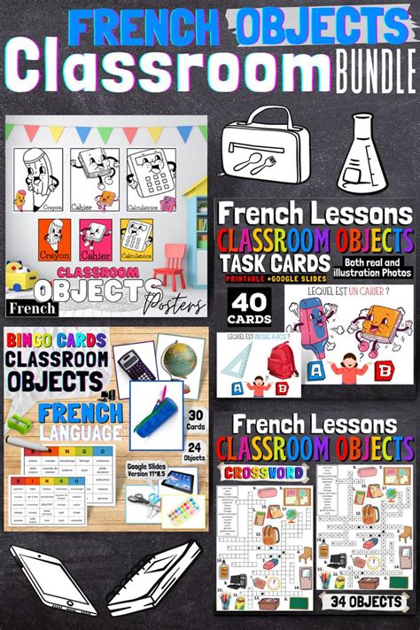 French Classroom Objects Posters Task Cards Crossword Puzzle Bingo Cards Game Spanish