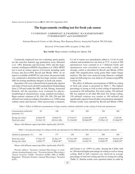 Pdf The Hypo Osmotic Swellings Test In Fresh Yak Spermatozoa