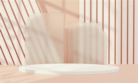 파스텔 핑크 배경에 3d 받침대 연단 이국적인 자연 잎 음영이 있는 미용 화장품 판촉 전시 전시회 3d 렌더링 그림 0명에 대한 스톡 사진 및 기타 이미지 Istock