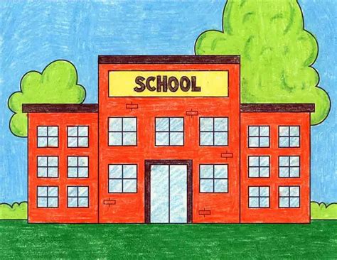 Easy How To Draw A School Tutorial Video And School Coloring Page Drawing School Drawing For