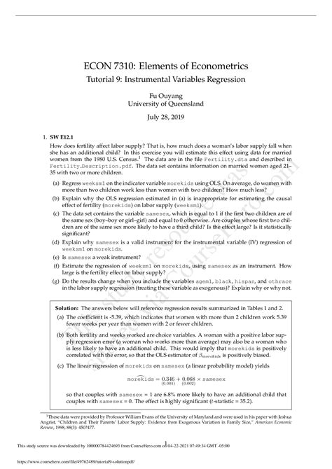 Econ 7310 Elements Of Econometrics Tutorial 9 Instrumental Variables Regression Scholarfriends