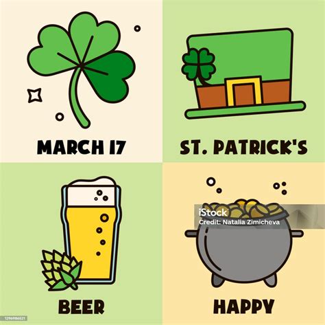 세인트 패트릭의 날 스티커 팩 기프트 카드 맥주 레프레툰 골드 아일랜드 국기 및 콰트로포일 유명 인사를위한 디자인 홀리데이 포스터 인사말 배너 트렌디한 티셔츠 프린트 녹색