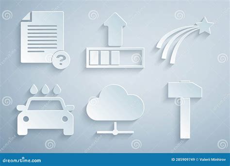 Set Network Cloud Connection Falling Star Car Wash Hammer Loading And Unknown Document Icon
