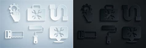 페인트 롤러 브러시 산업 파이프 손톱 렌치가 있는 위치 도구 상자 및 설정을 손 아이콘으로 설정합니다 벡터 3차원 형태에 대한 스톡 벡터 아트 및 기타 이미지 Istock