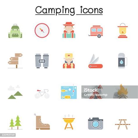 캠핑 관련 벡터 아이콘 세트 텐트 하이킹 숲 자동차 캠프파이어 산 여행자 나침반 낚시 숲 카메라 방향 표지판 벤치 배낭 등과 같은 아이콘이 포함되어 있습니다 플랫 컬러