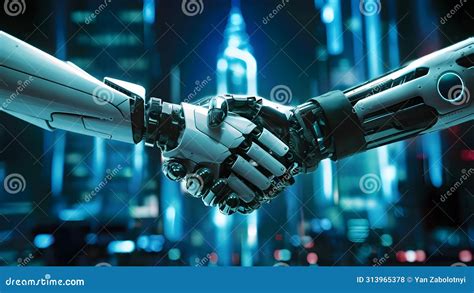 Robot Handshake Unity In The Neon Metropolis Concept Futuristic Robotics Neon Cityscape