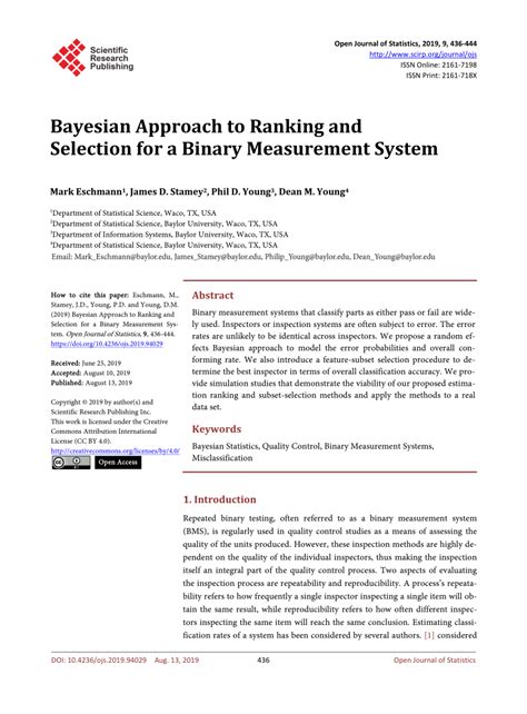 Pdf Bayesian Approach To Ranking And Selection For A Binary Measurement System
