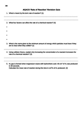 Aqa 2016 Rates Of Reaction Revision Questions 30 Marks Teaching