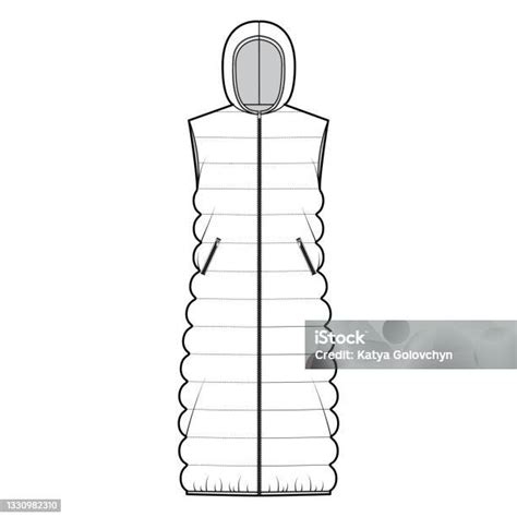 후드 다운 조끼 퍼퍼 웨이스트 코트 기술 패션 일러스트 와 Zipup 클로저 미디 길이 클래식 퀼팅 0명에 대한 스톡 벡터 아트
