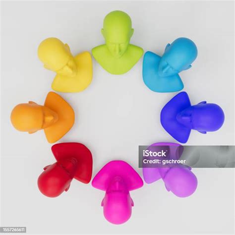 추상적인 다채로운 3d 렌더링된 마네킹과 흰색 배경에 원 안에 개념에 대한 스톡 사진 및 기타 이미지 개념 개성 개념 귀여운 Istock