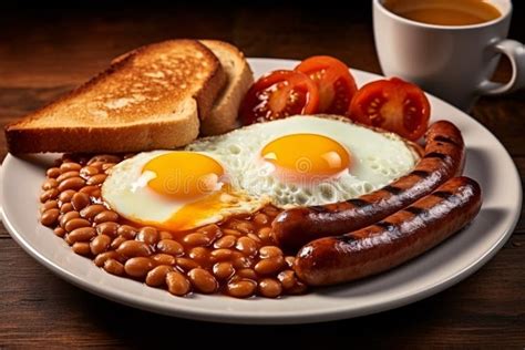 Traditional English Breakfast With Baked Beans Fried Egg Sausages And