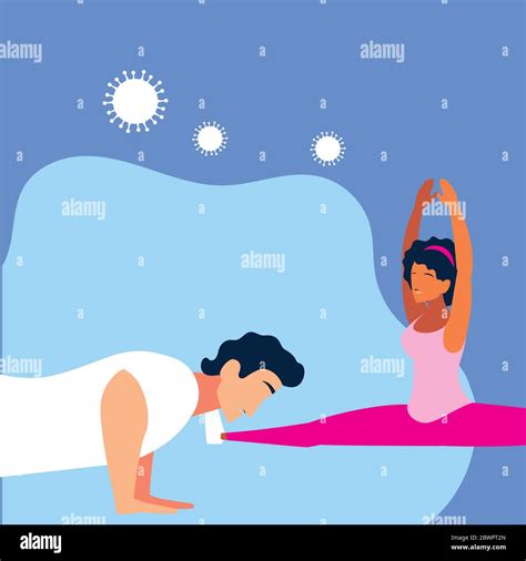 Couple Doing Stretching And Strength Sexercises At Home To Avoid Virus Vector Illustration