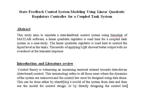 تقرير بعنوان State Feedback Control System Modeling Using Linear Quadratic Regulators