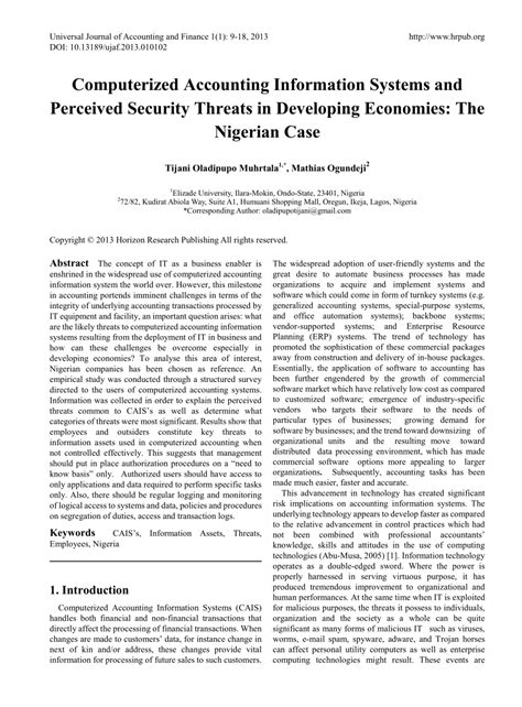 Pdf Computerized Accounting Information Systems And Perceived Security Threats In Developing