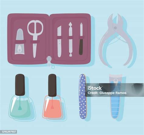 매니큐어 및 페디큐어 케이스 와 도구 파일 및 네일 클리퍼 매니큐어 세트 아이콘 손톱깎이에 대한 스톡 벡터 아트 및 기타 이미지