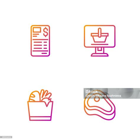 세트 라인 스테이크 고기 쇼핑백 및 음식 종이 또는 재정 수표 및 컴퓨터의 카트 그라데이션 색상 아이콘 벡터 0명에 대한 스톡 벡터 아트 및 기타 이미지 Istock