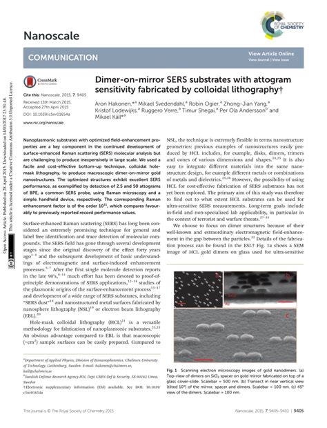 Pdf Dimer On Mirror Sers Substrates With Attogram Sensitivity