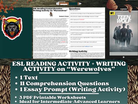 Esl Reading Comprehension Writing Activity Worksheets On Werewolves Teaching Resources